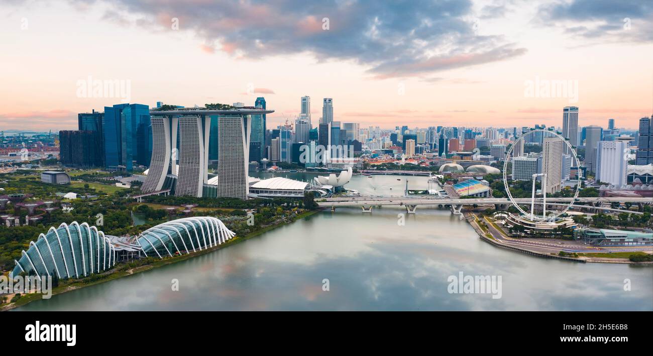 View from above, stunning aerial view of the Singapore skyline with the ...
