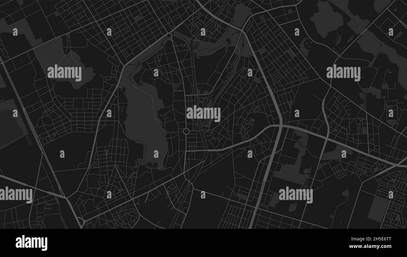 Dark black Suwon City area vector background map, streets and water ...