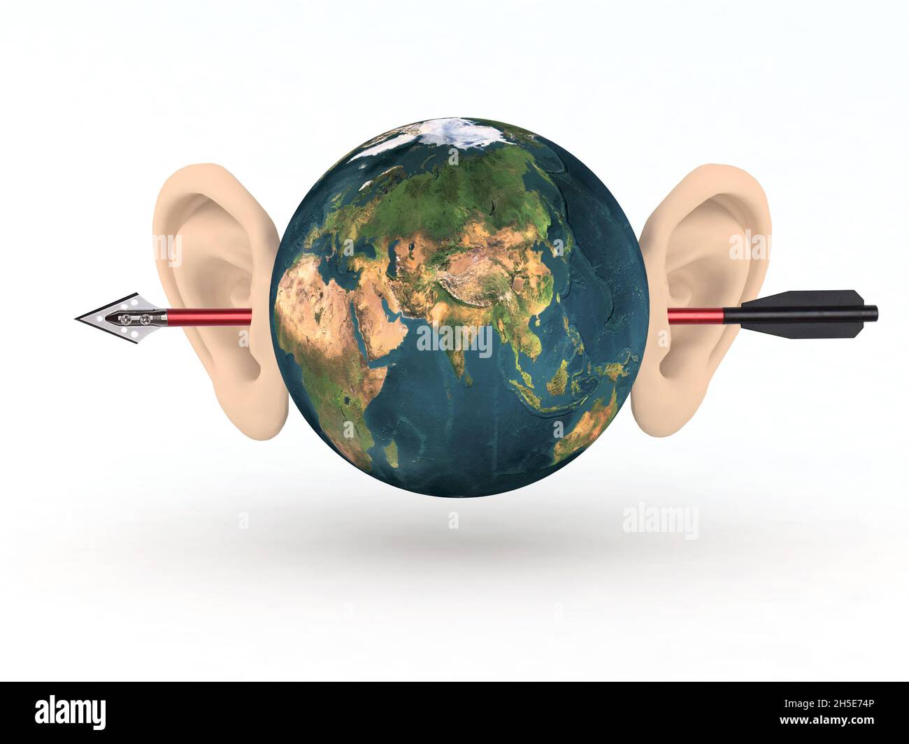the world with two big ears and an arrow inside them, 3d illustration ...