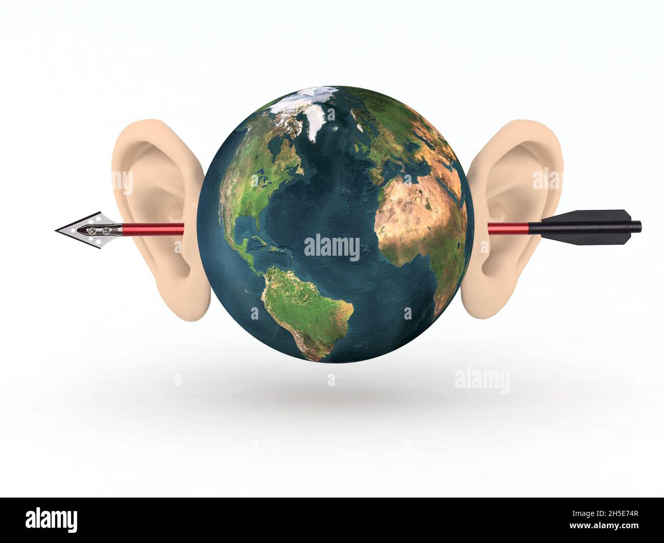 the world with two big ears and an arrow inside them, 3d illustration ...