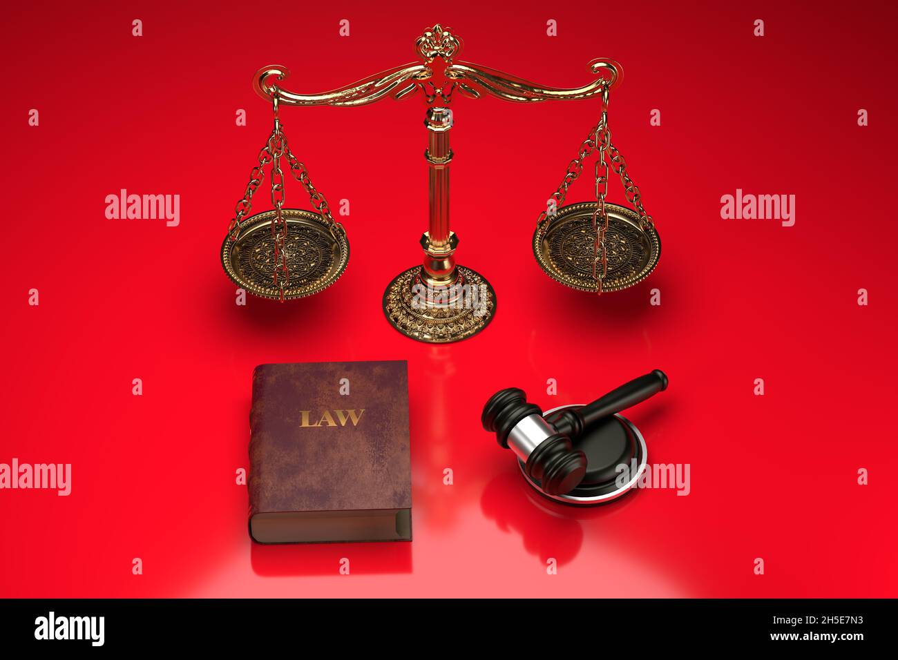 Law and Justice Symbols with law book on a red background. Law concept ...