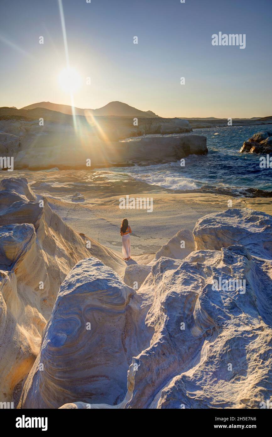 The white cliffs of Sarakiniko Beach at sunset, Milos, Greece Stock ...