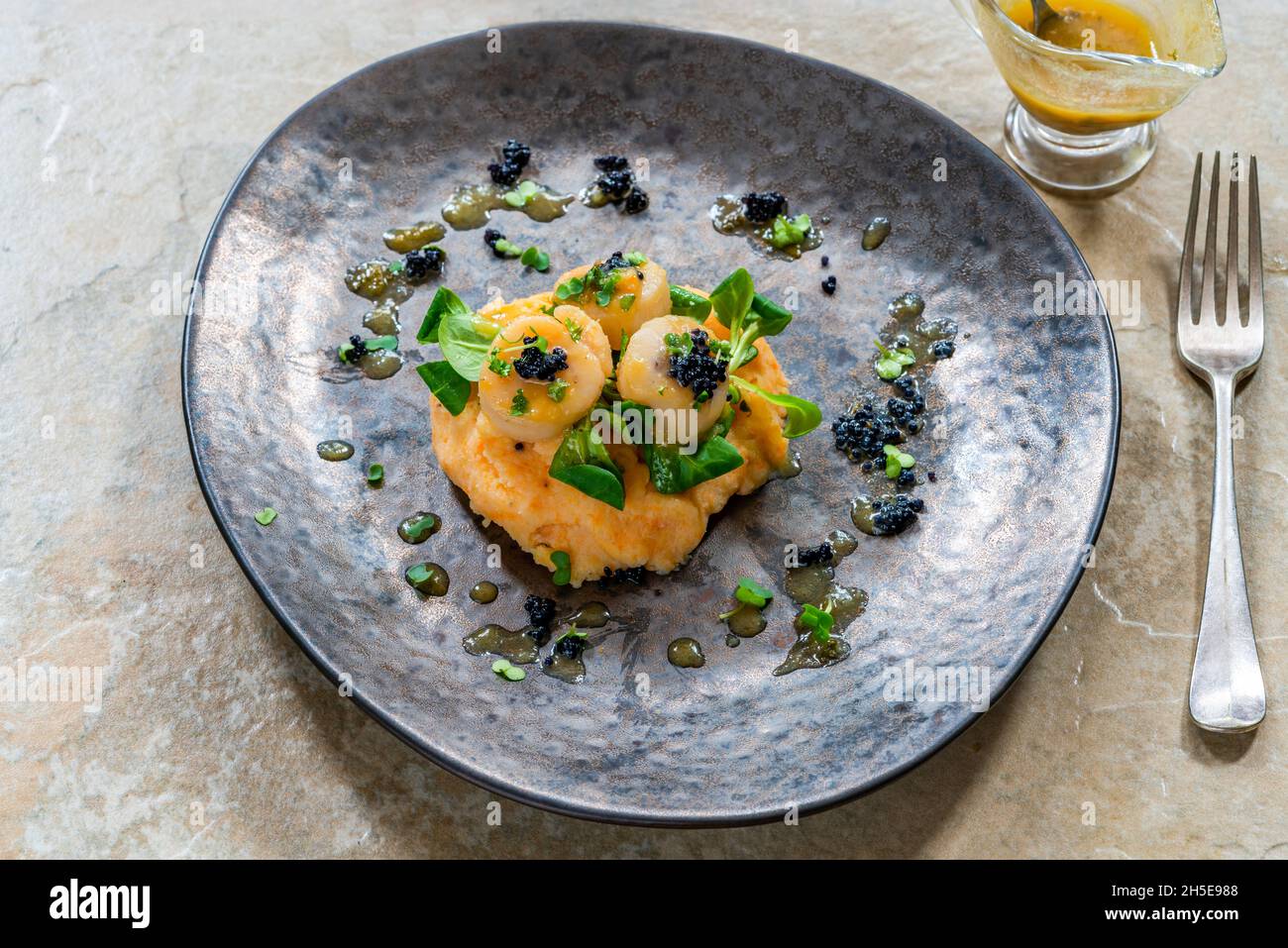 Scallops with butternut squash mash, caviar and lime and butter sauce ...