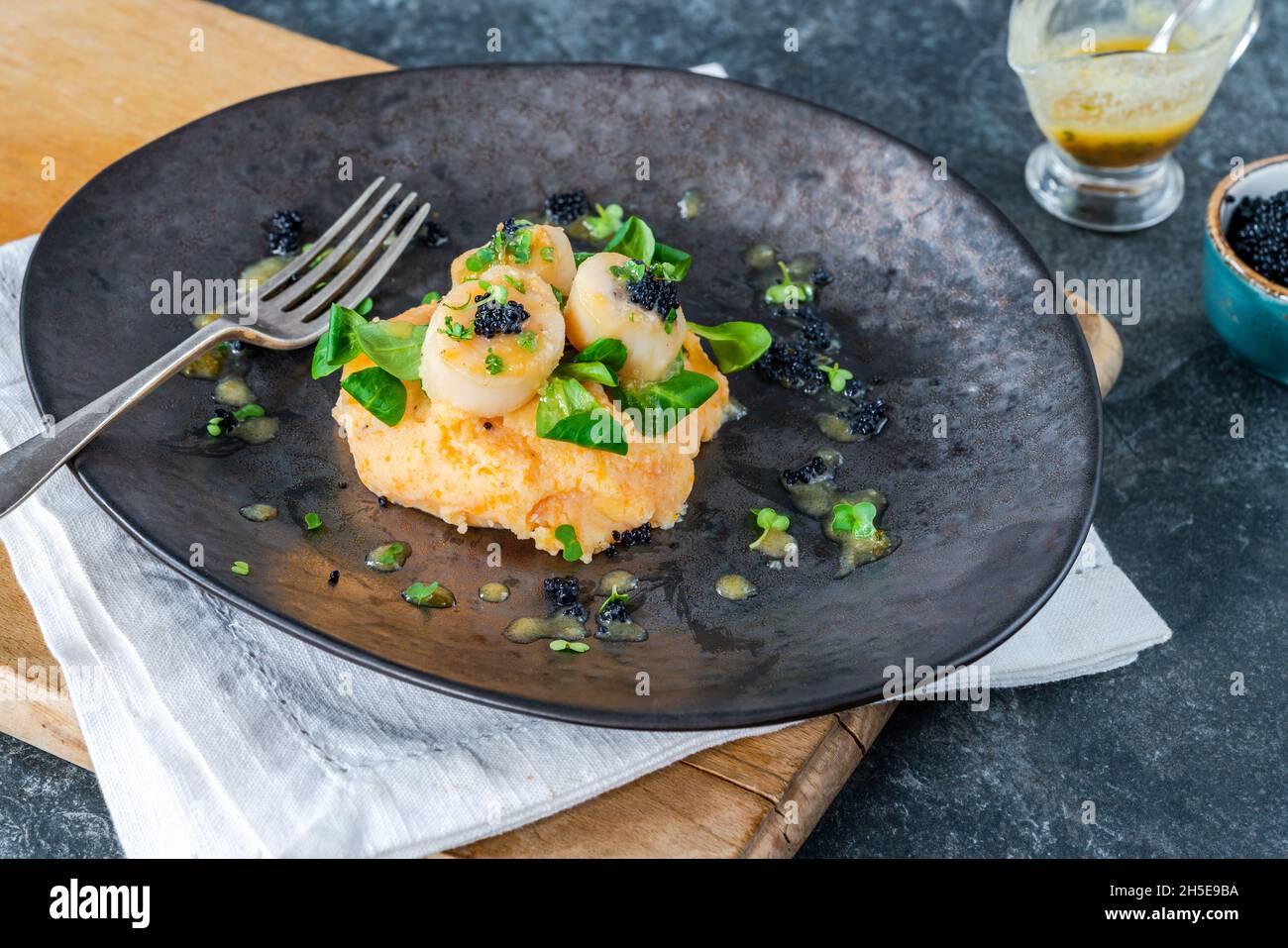 Scallops with butternut squash mash, caviar and lime and butter sauce ...