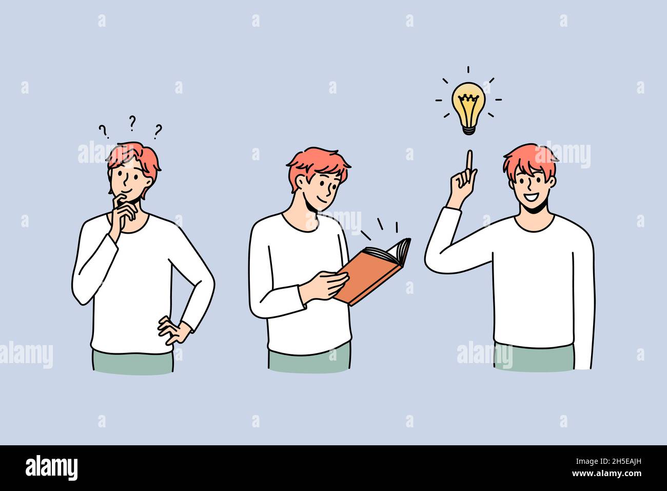 Happy young man read book study learn alone. Smiling guy find solution ...