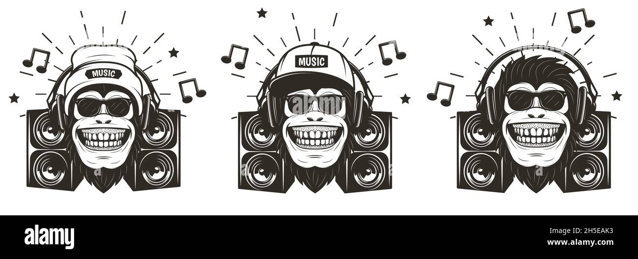 Funny music monkey set, vector hand drawn illustration Stock Vector ...