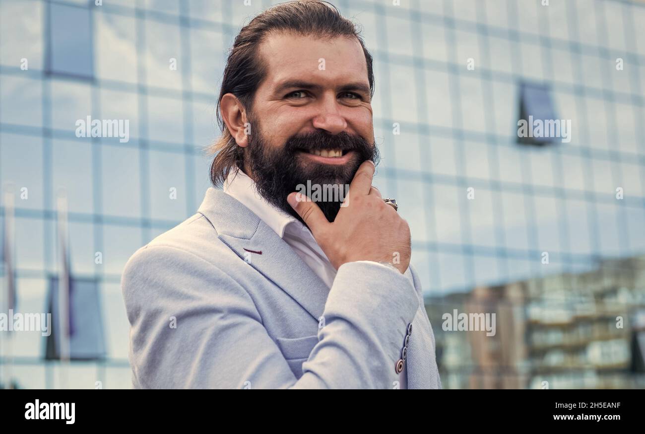 So happy. male beauty and fashion. confident businessman with beard and ...