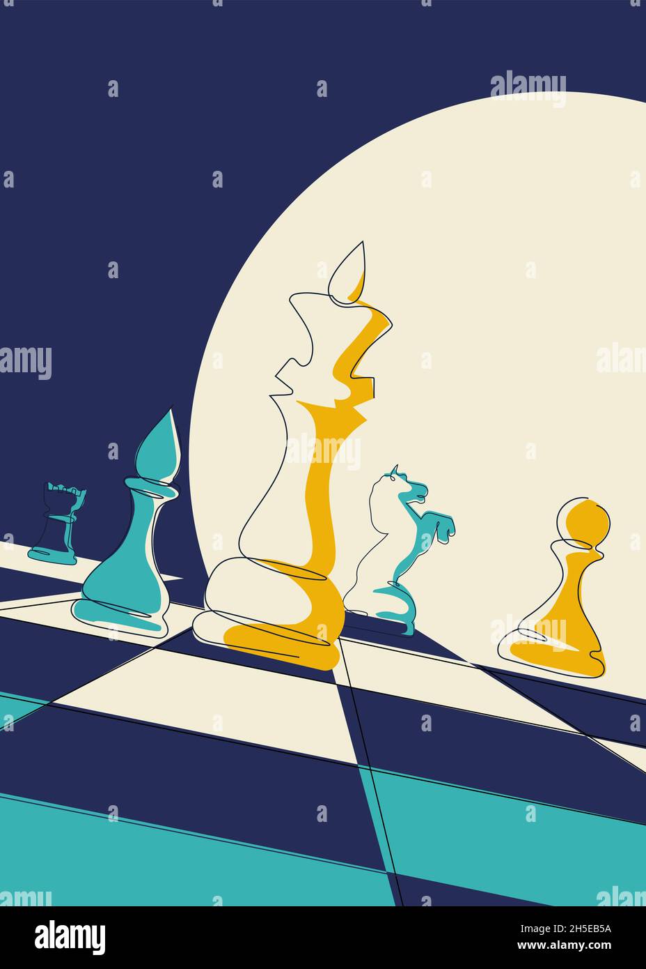 Poster with chess pieces on the board. Placard design in doodle style ...