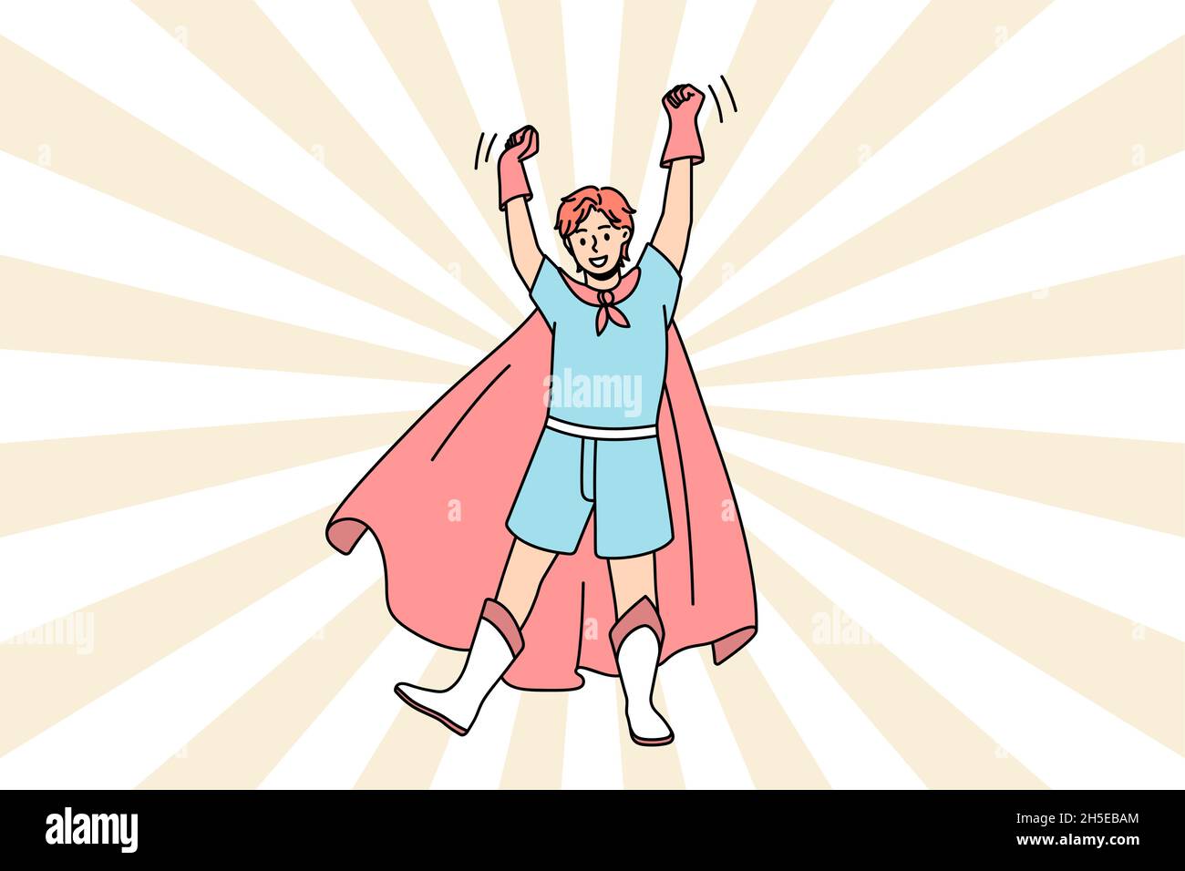 Happy Caucasian boy kid in superhero costume raise arms celebrate win ...