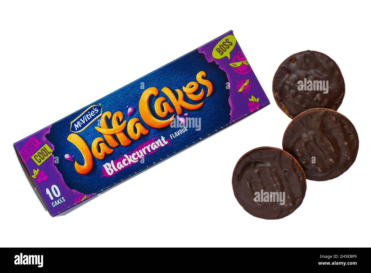 Box of McVities Jaffa Cakes blackcurrant flavour showing three out of ...