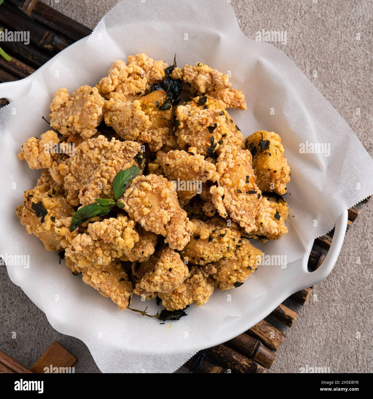 Top view of delicious fried popcorn chicken food in Taiwan for famous ...
