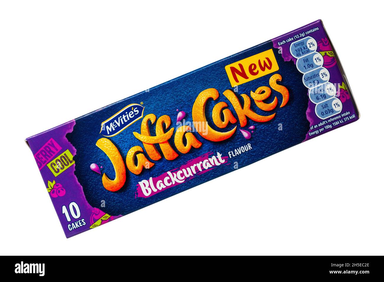Box of McVities Jaffa Cakes blackcurrant flavour isolated on white ...