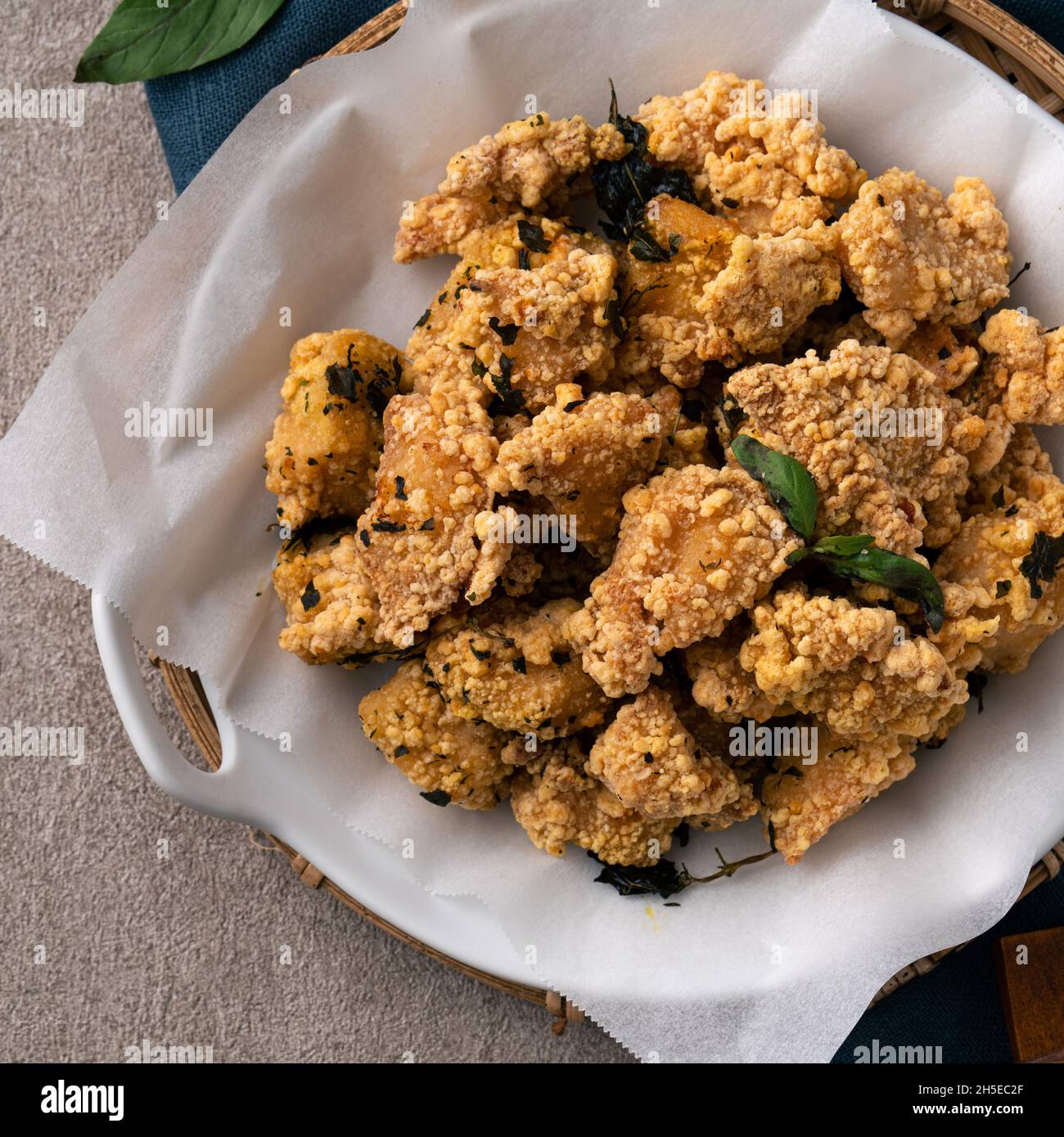 Top view of delicious fried popcorn chicken food in Taiwan for famous ...