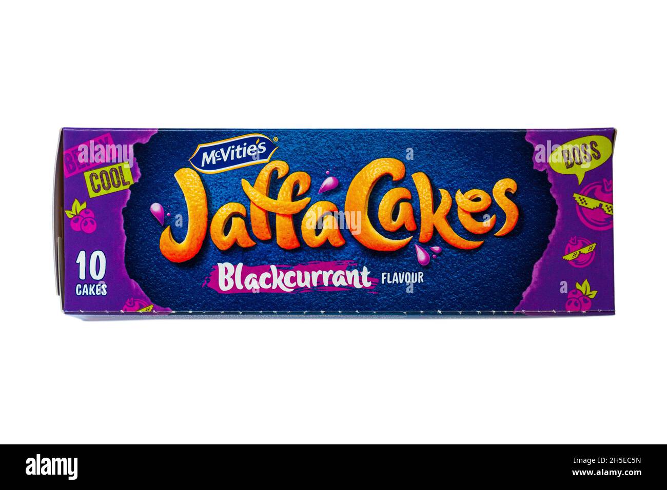 Box of McVities Jaffa Cakes blackcurrant flavour isolated on white ...