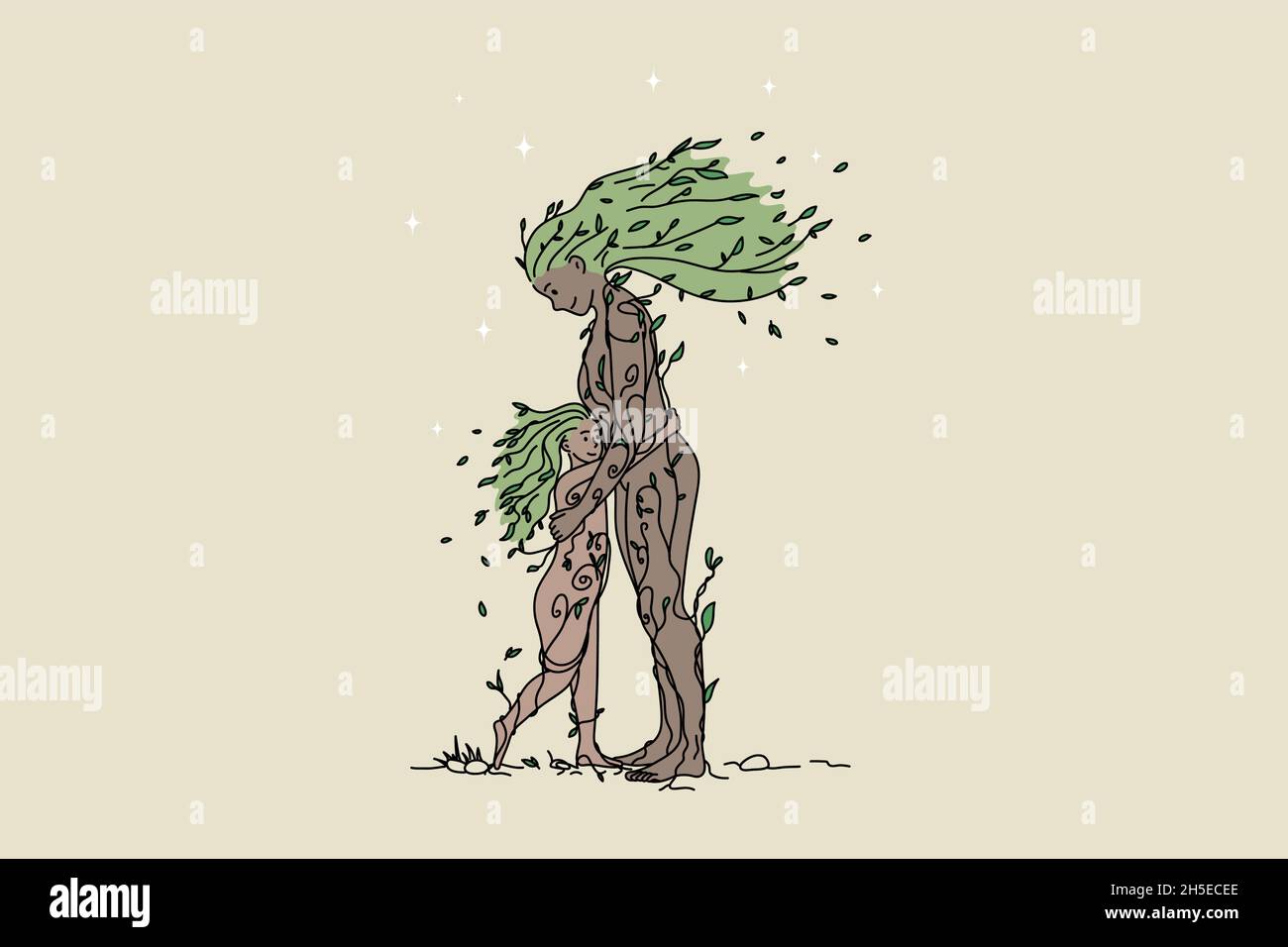 Live trees mother and daughter hug cuddle show love and care to nature ...