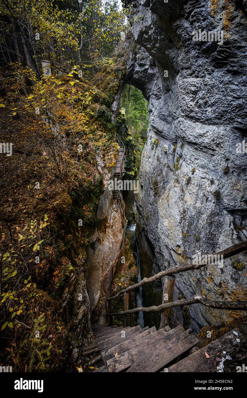 Devil's Path - picturesque eco-path and hiking trail in the Rhodopes mountains, Bulgaria. Wooden ...