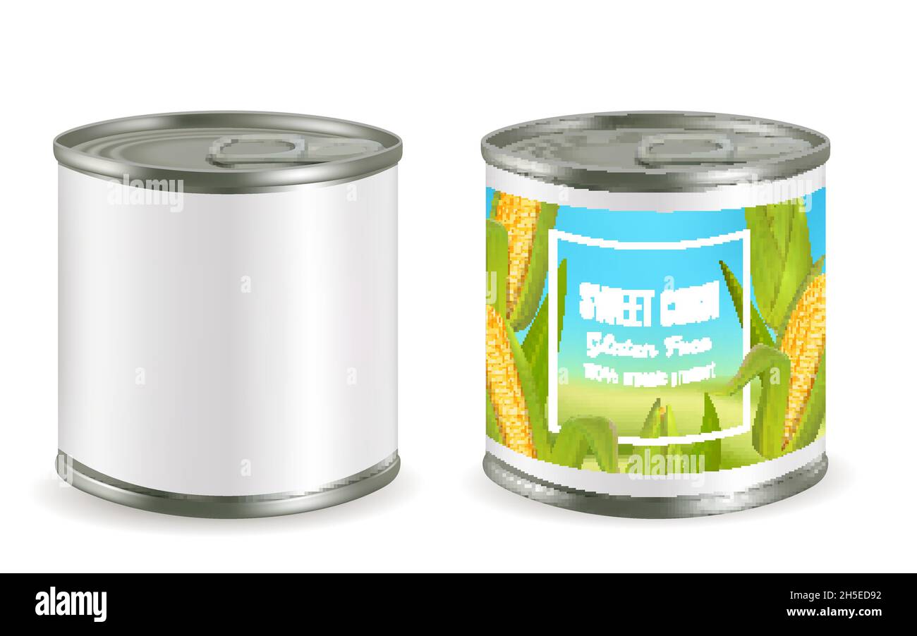 Canned corn package mockup set, vector realistic illustration Stock ...