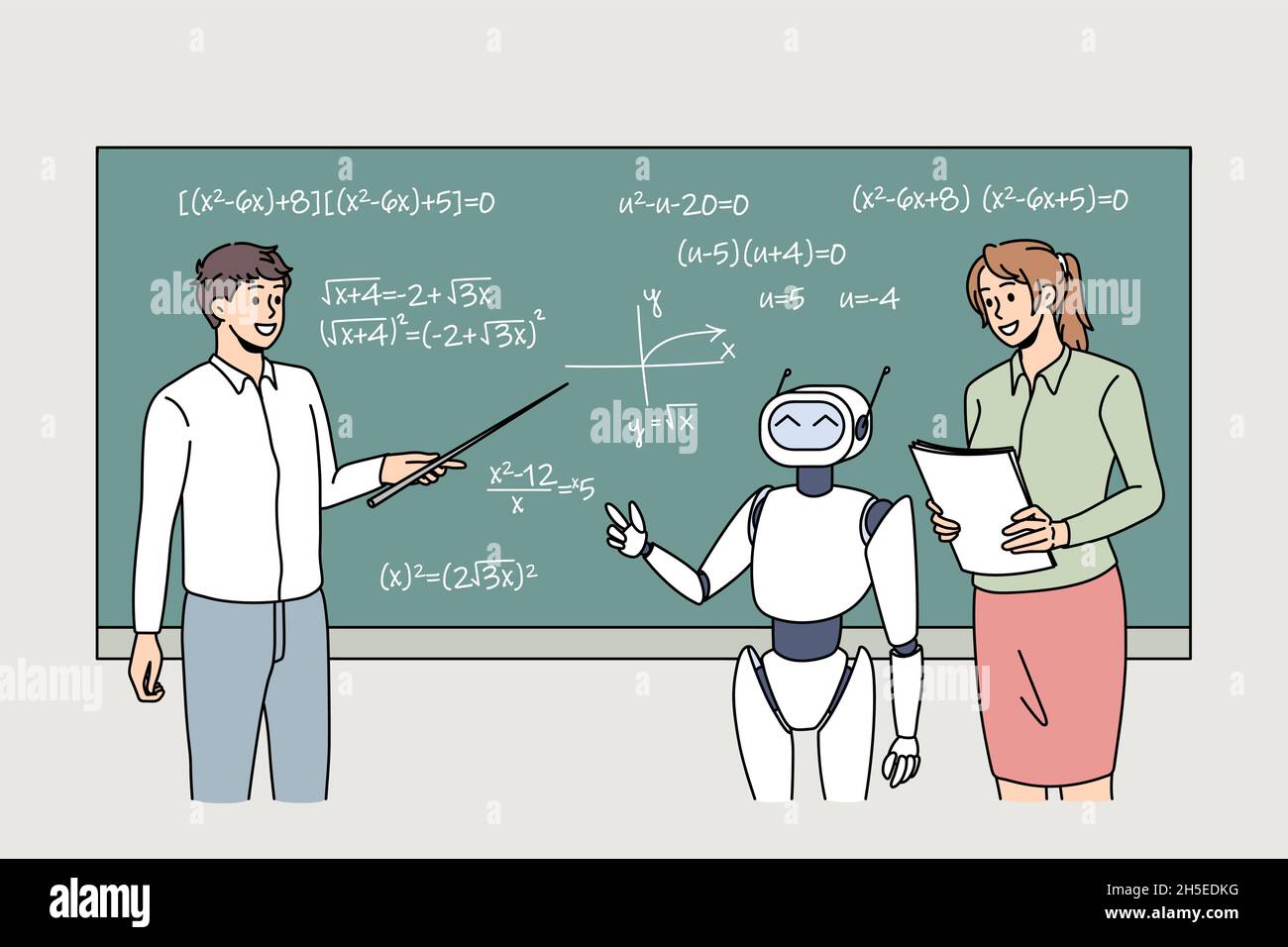 Modern robot and teachers study at blackboard in classroom of ...