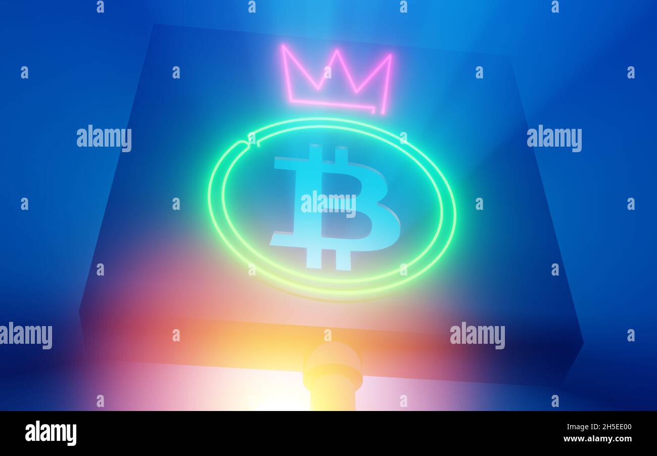 Bitcoin with crown big board 3D rendering with neon symblols and loght ...