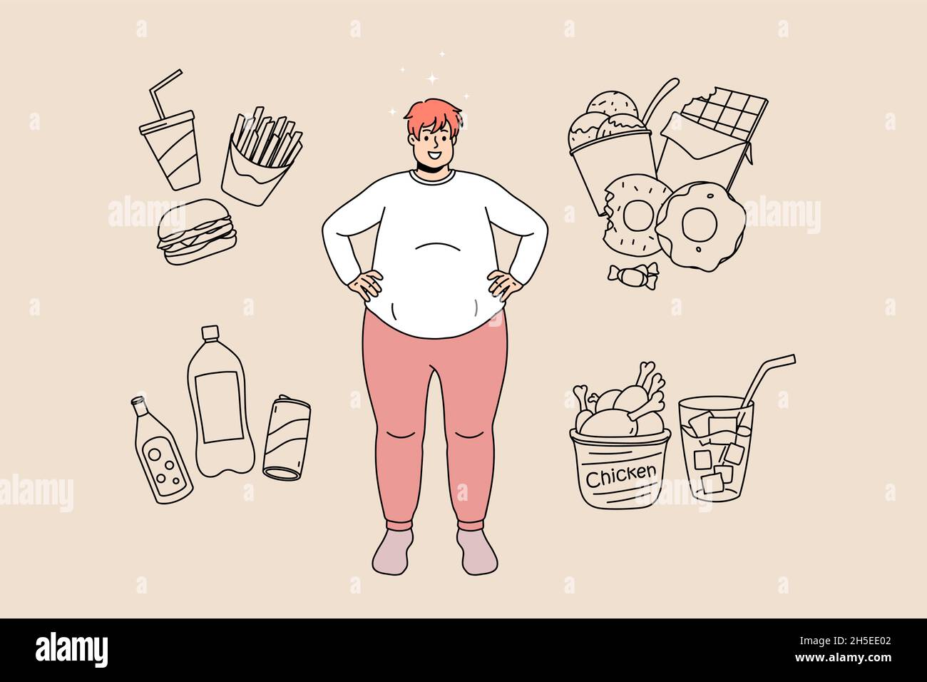 Smiling fat man surrounded by fast junk food and drinks. Happy ...