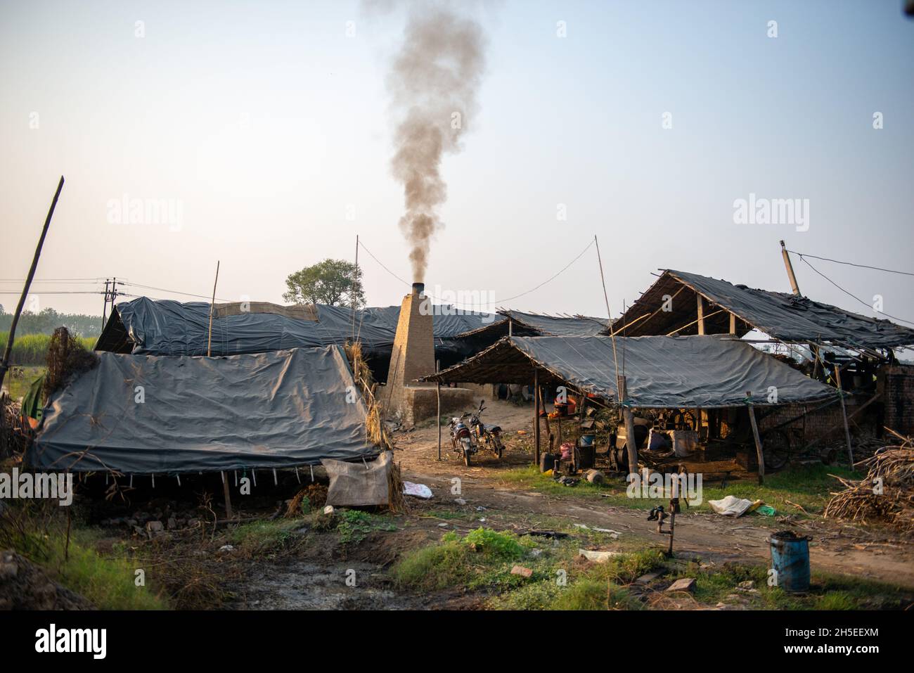 Roorkee, uttarakhand, India- Nov 7 2021: A traditional jaggery making ...