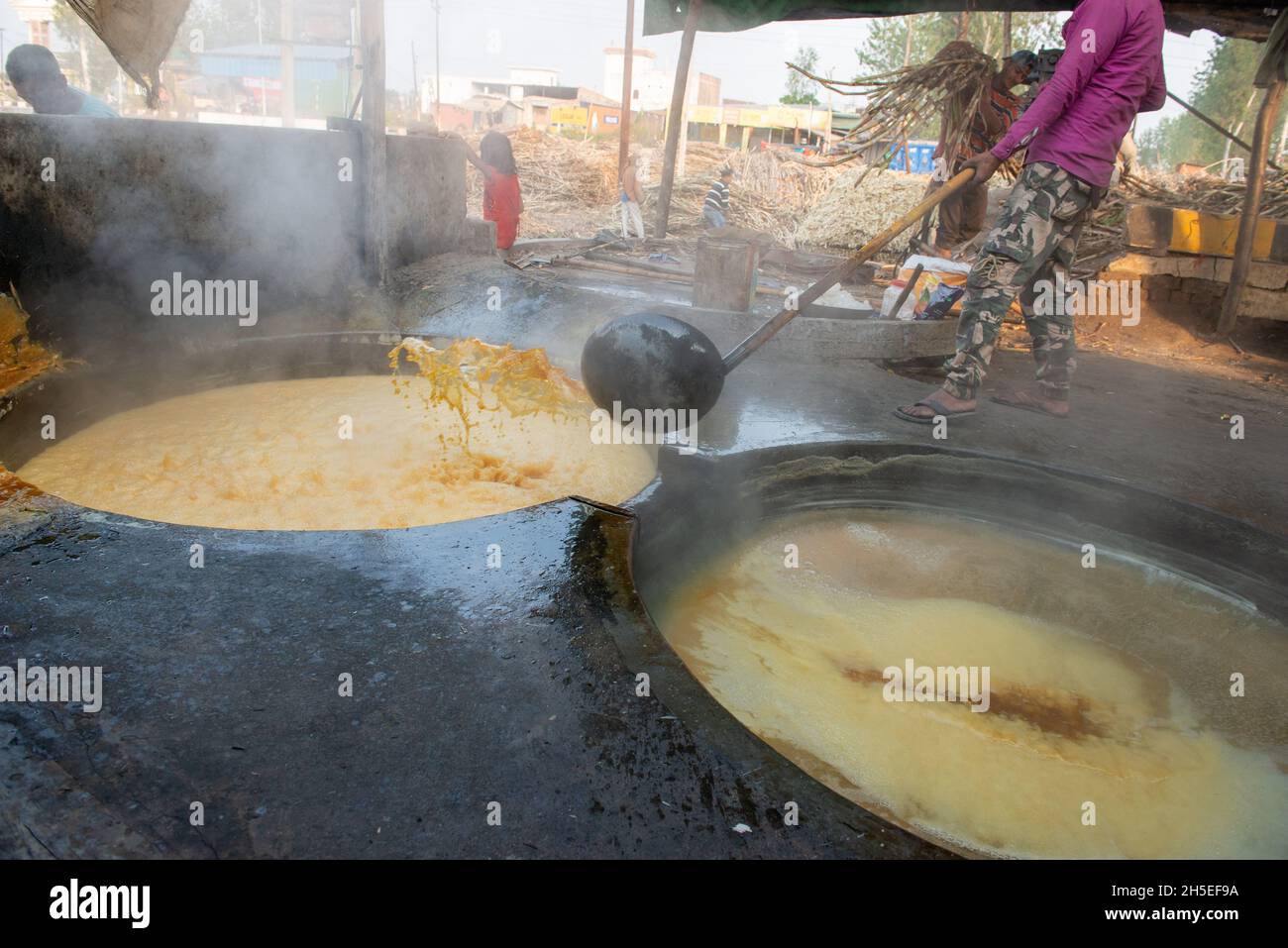 Roorkee, uttarakhand, India- Nov 7 2021: A jaggery making factory, man ...