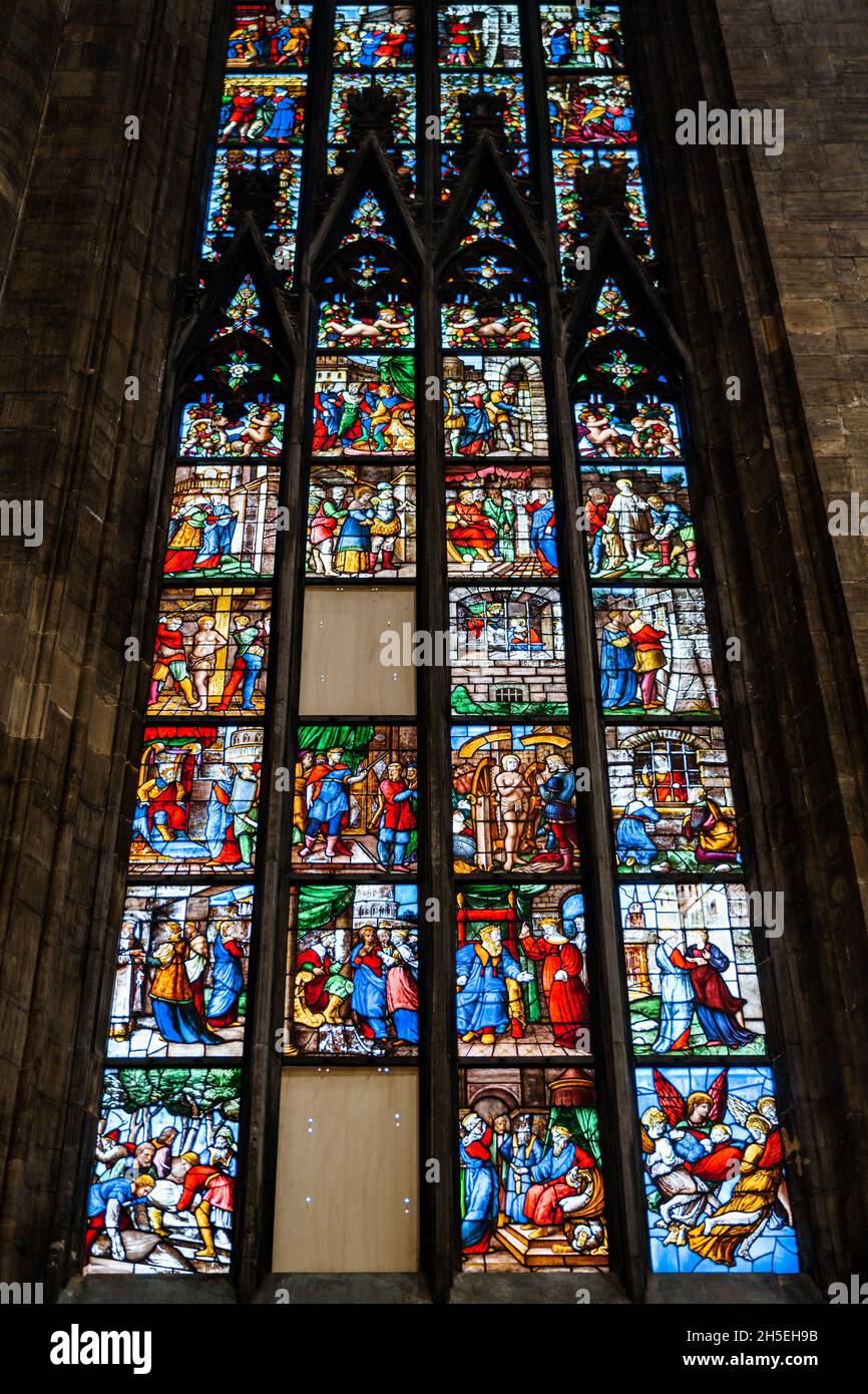 Tall stained glass window of the Duomo. Italy, Milan Stock Photo - Alamy