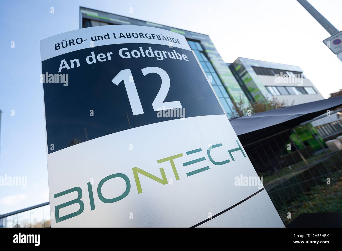 Mainz, Germany. 09th Nov, 2021. The Biontech logo is on a sign with the ...