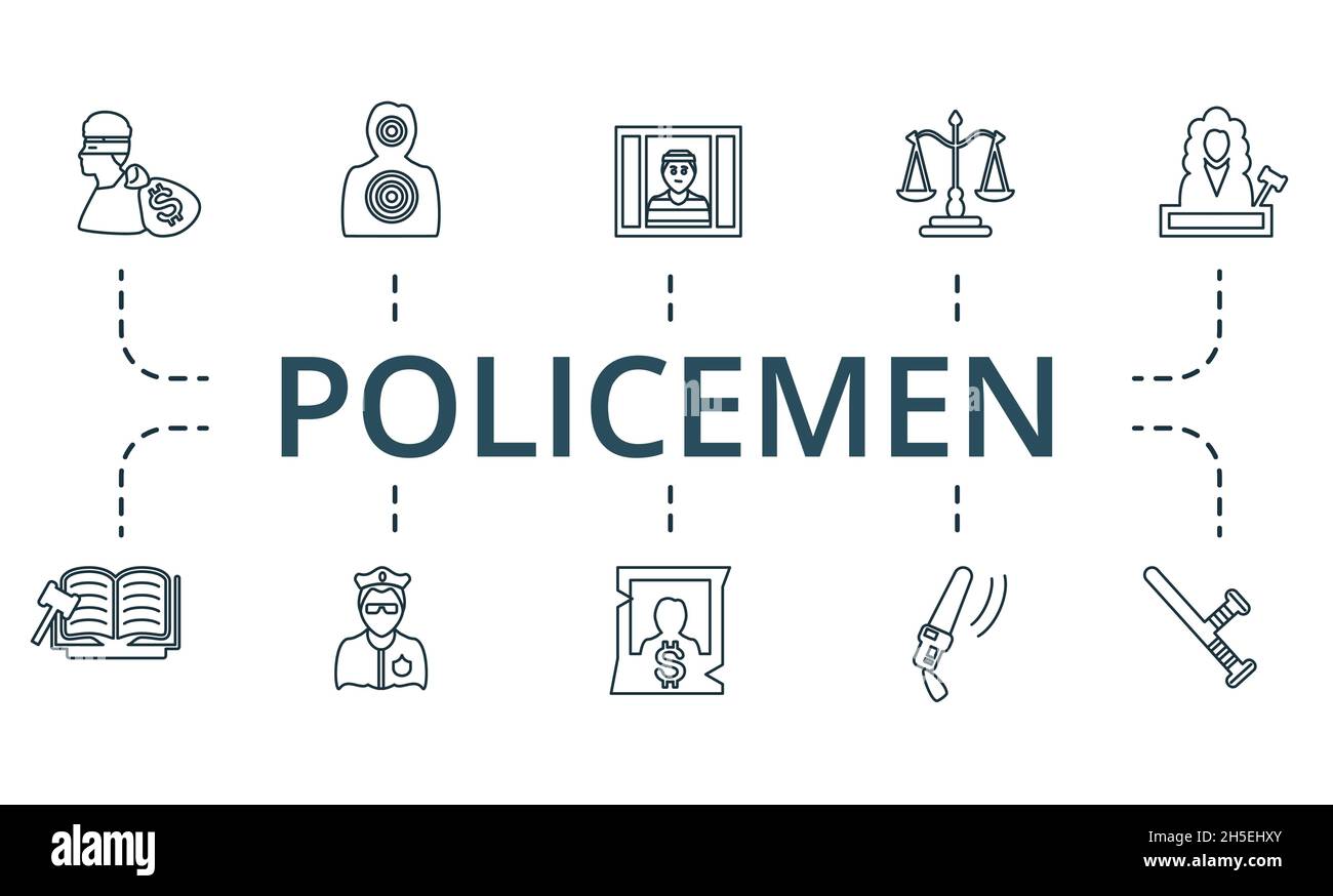 Policemen icon set. Collection of simple elements such as the jail ...