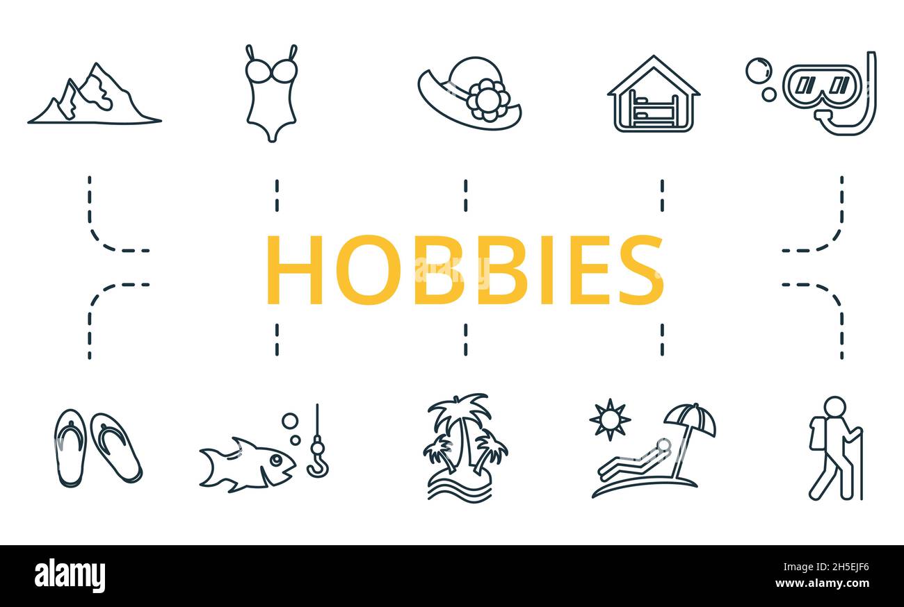 Hobbies icon set. Collection of simple elements such as the beach hat ...