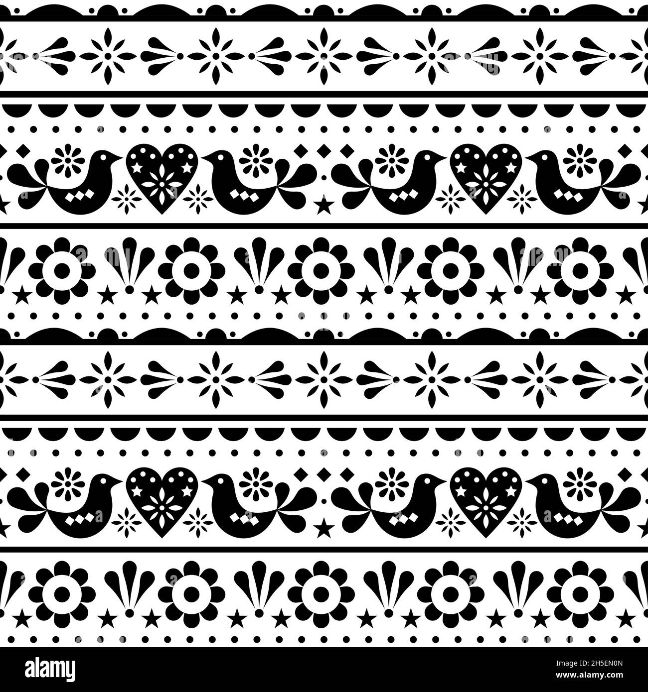 Scandinavian style folk seamless vector pattern with hearts, birds and ...