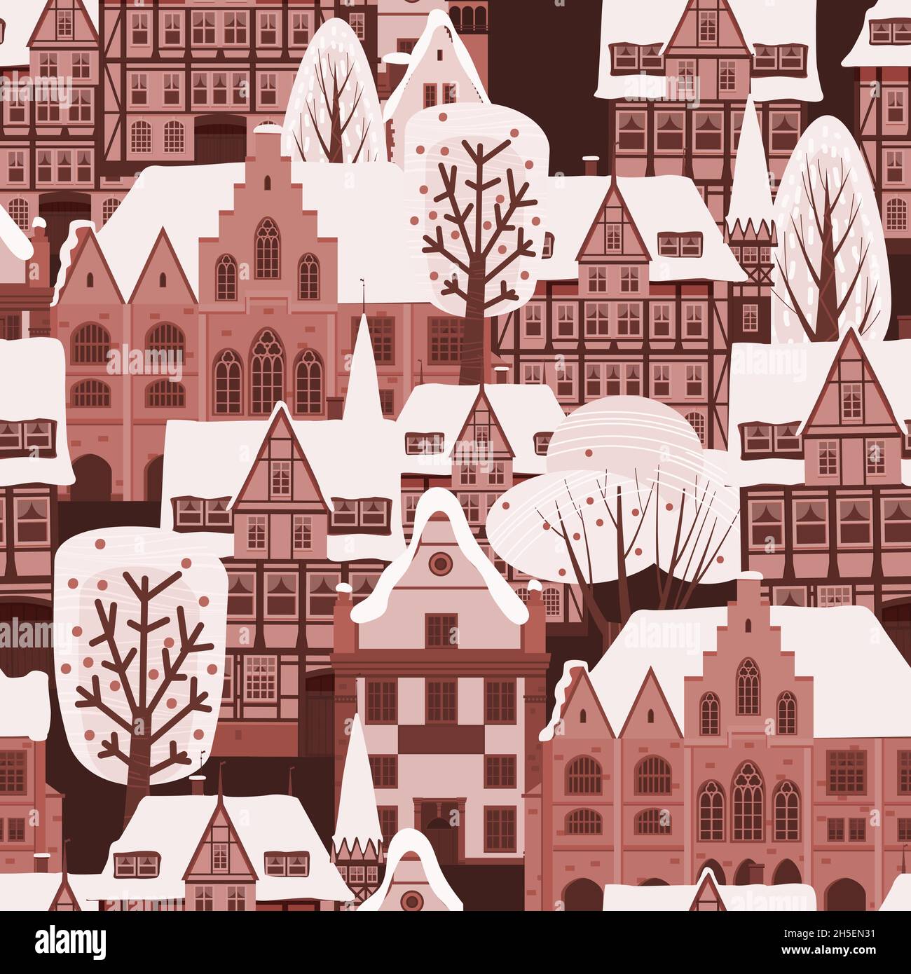 City Winter seamless pattern. European old architecture , houses trees ...