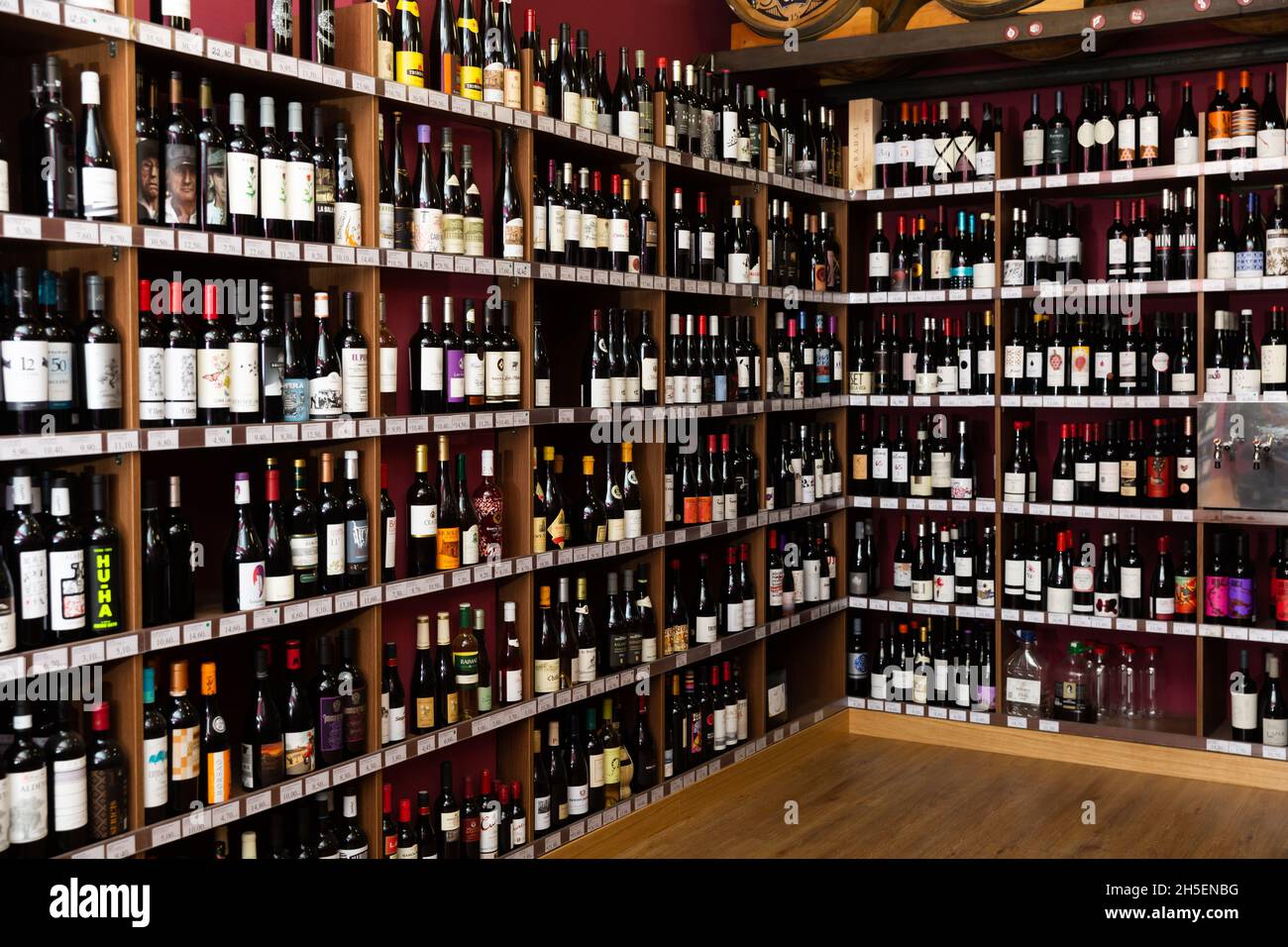 Assortment of european red and white wine in modern liquor store Stock ...