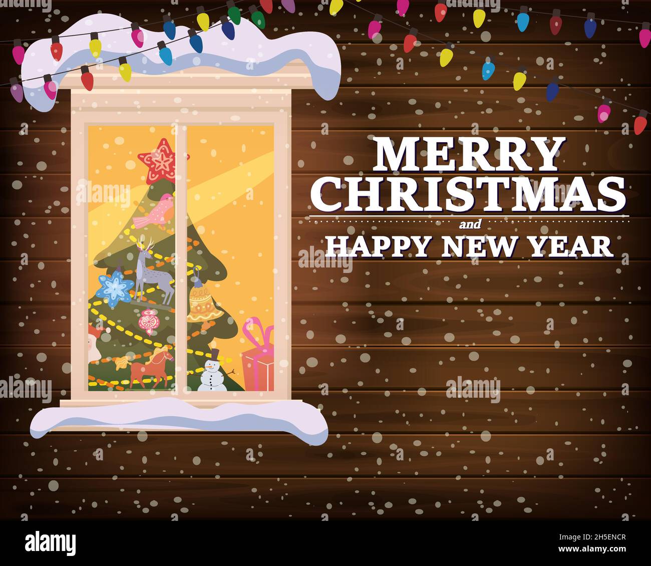 Chrismas window, night, decoraions garland retro, living room christmas ...