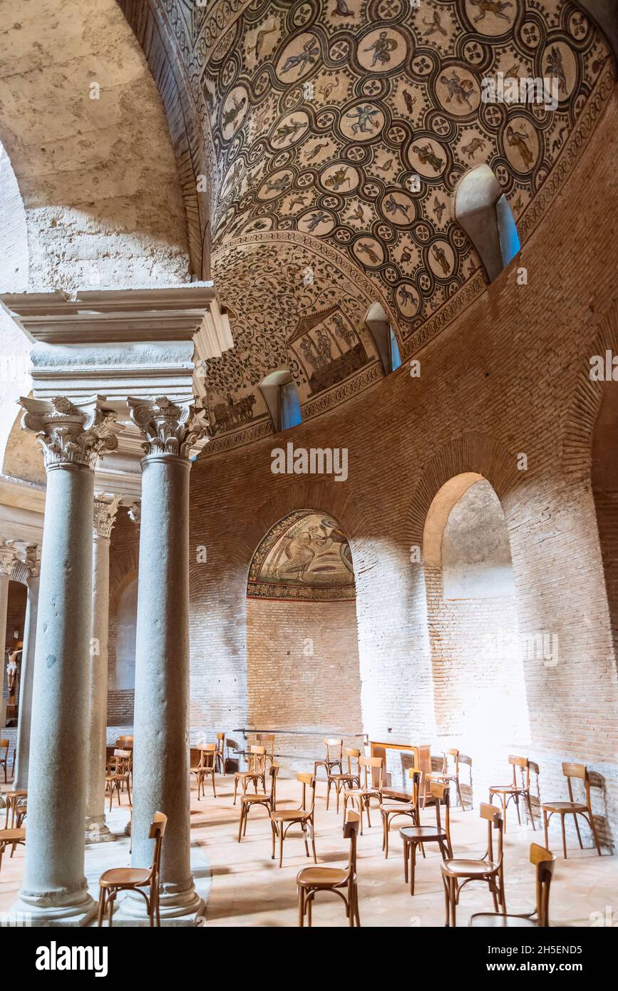 Interior view of medieval catholic church built with stones in Italy ...