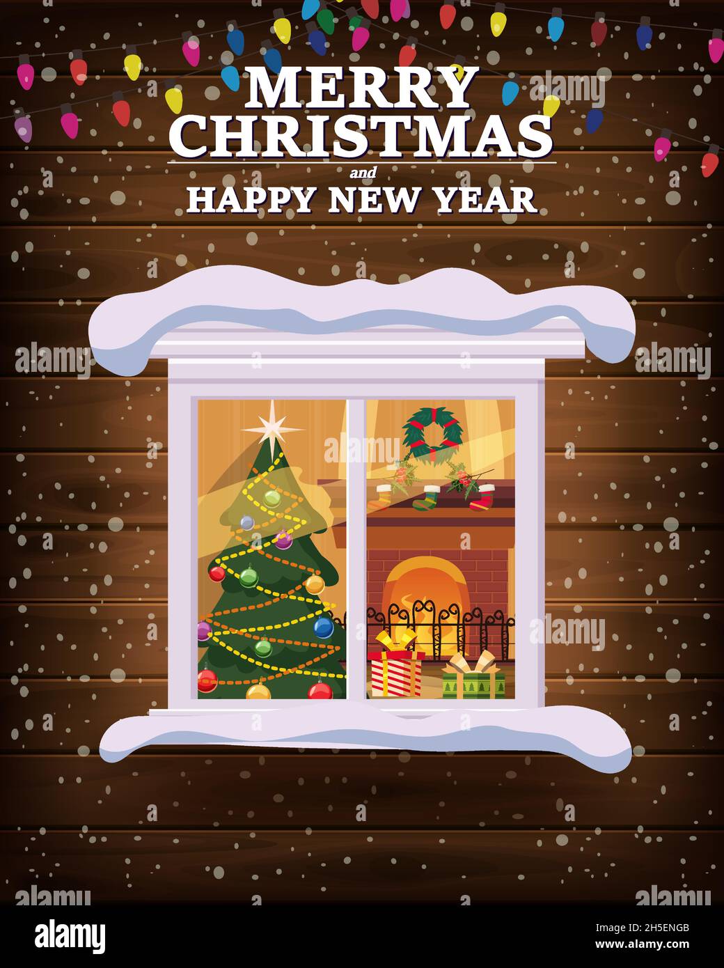 Chrismas window, night, decoraions garland retro, living room christmas ...