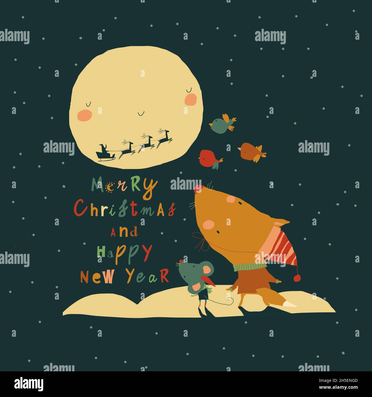 Cute Cartoon Animals looking at the Santa Claus in a Sleigh ride in the ...