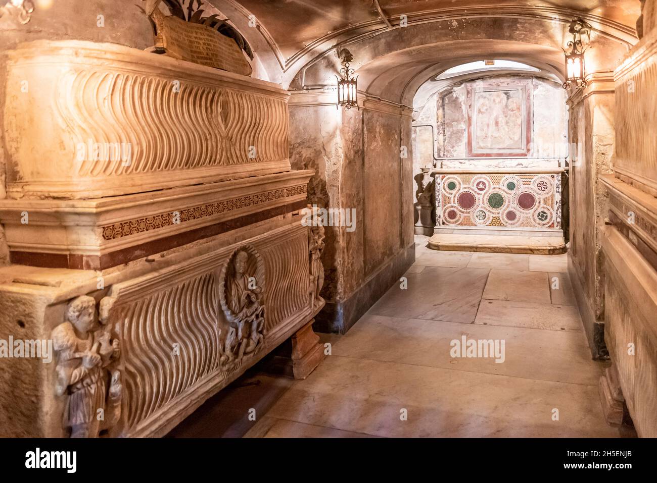View of tunnel made in marble connecting rooms inside palace in Rome ...