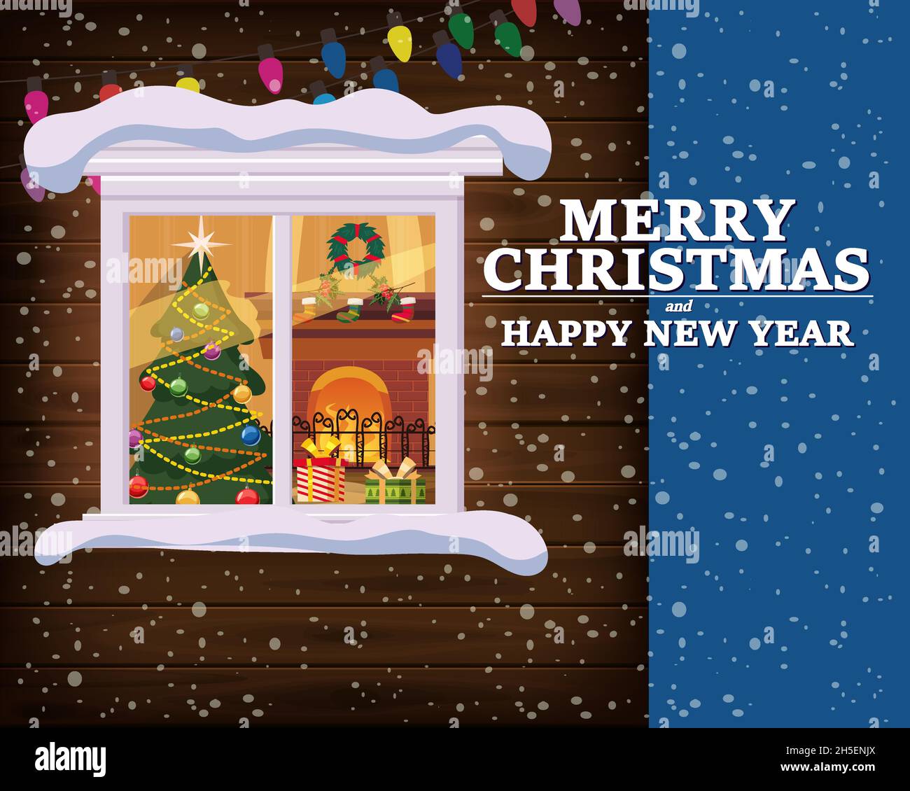 Chrismas window, night, decoraions garland retro, living room christmas ...