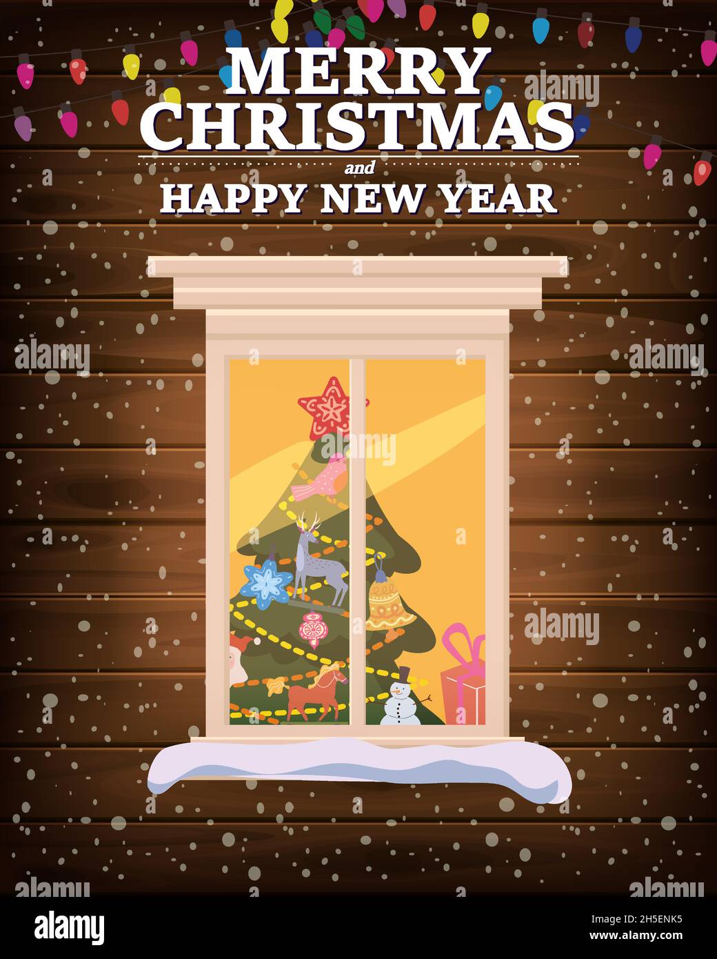 Chrismas window, night, decoraions garland retro, living room christmas ...