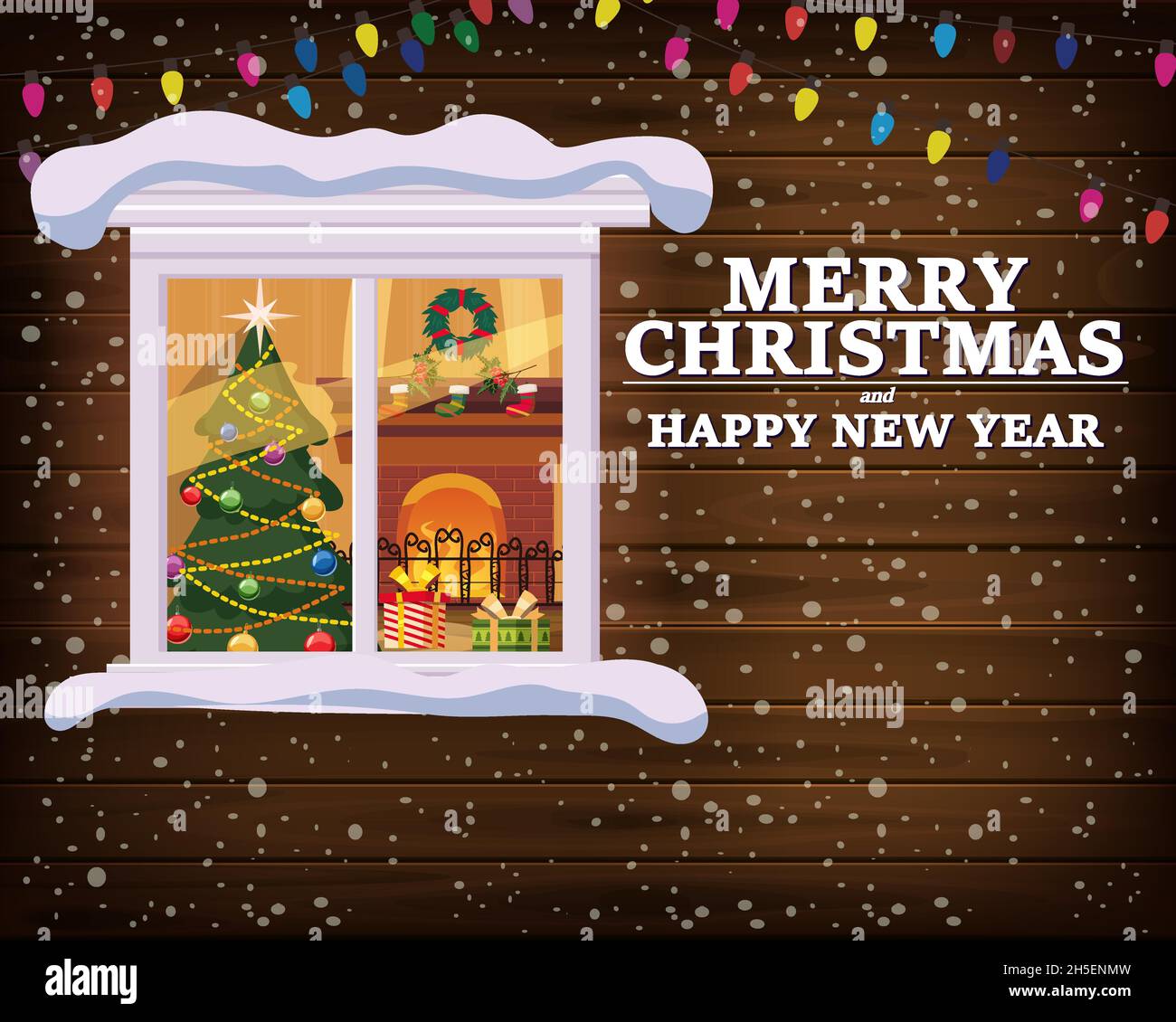 Chrismas window, night, decoraions garland retro, living room christmas ...