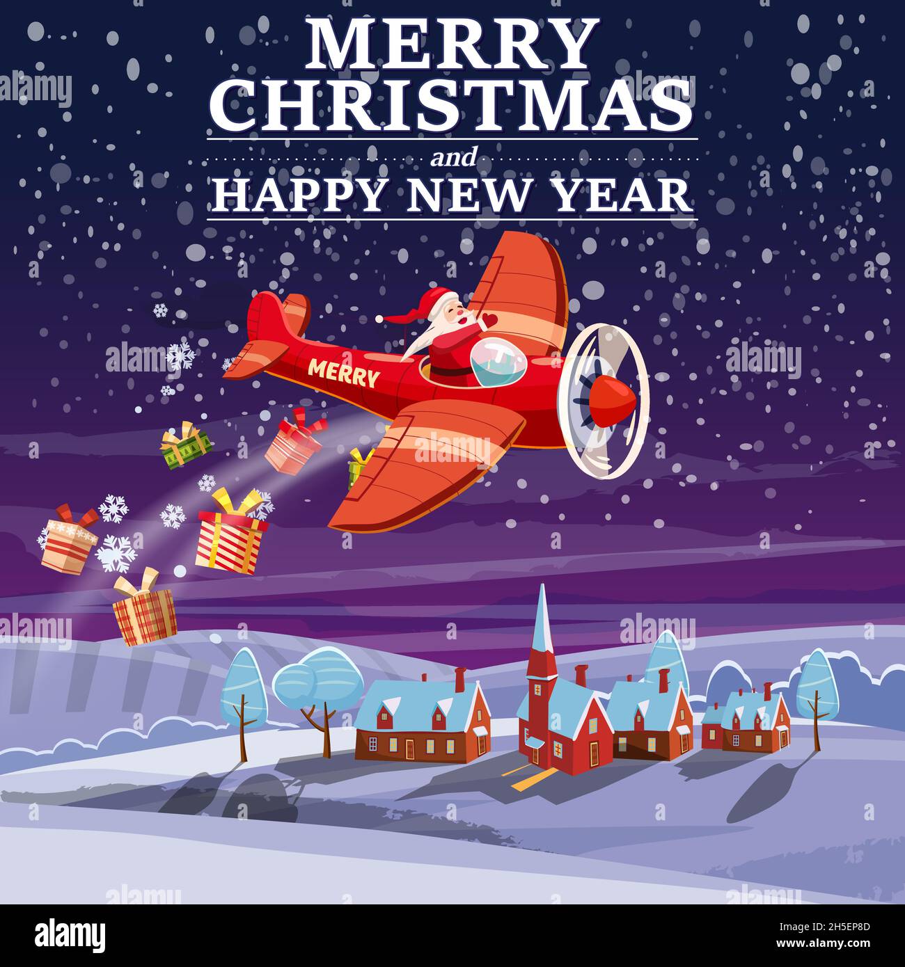 Santa Claus flying on vintage plane, delivering gift boxes, night city ...