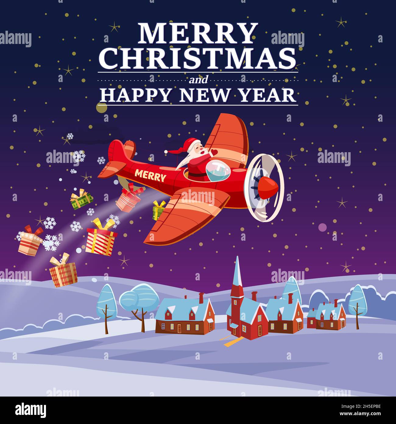 Santa Claus flying on vintage plane, delivering gift boxes, night city background. Christmas ...