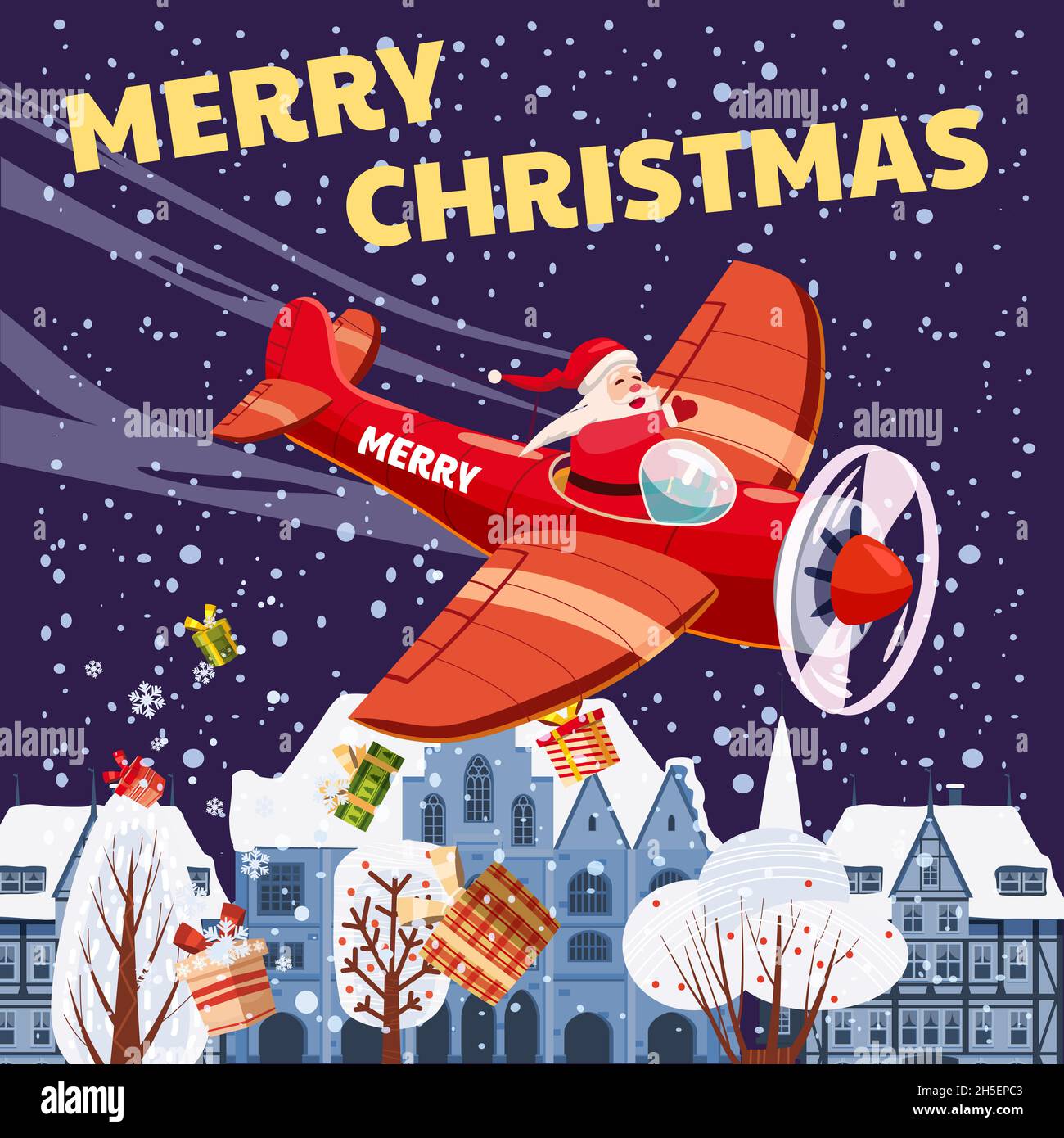 Santa Claus flying on vintage plane, delivering gift boxes, night city background. Christmas ...
