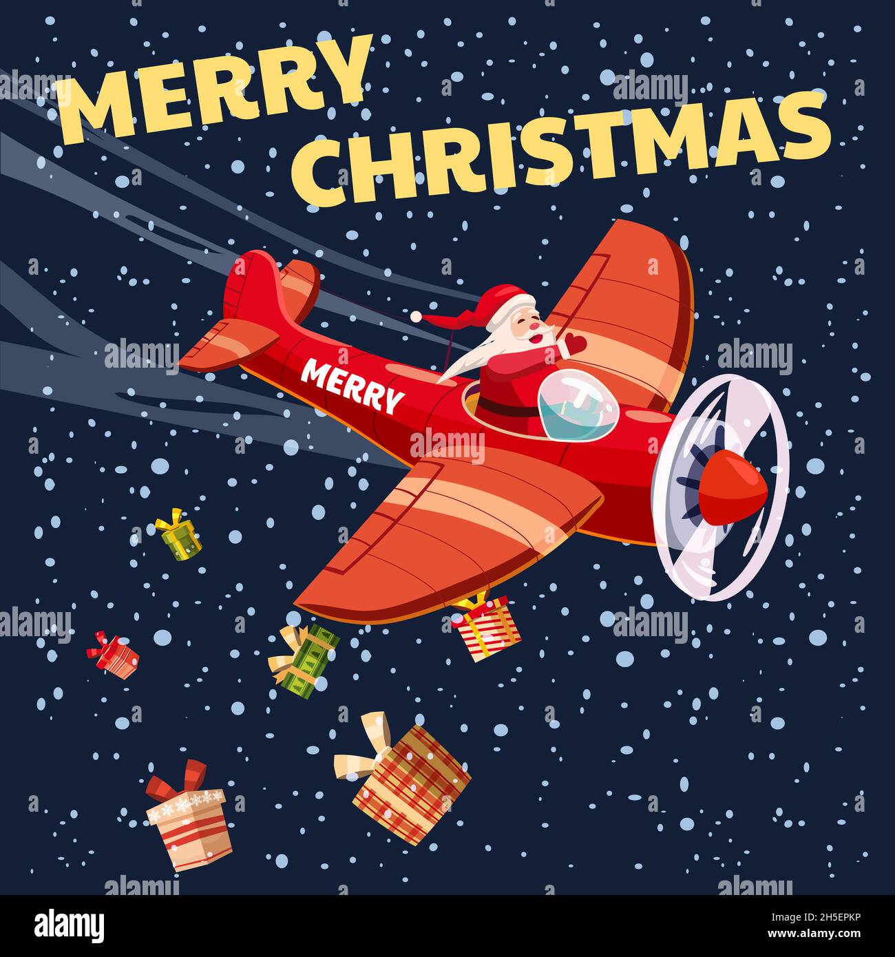 Santa Claus flying on vintage plane, delivering gift boxes. Christmas poster, banner retro ...