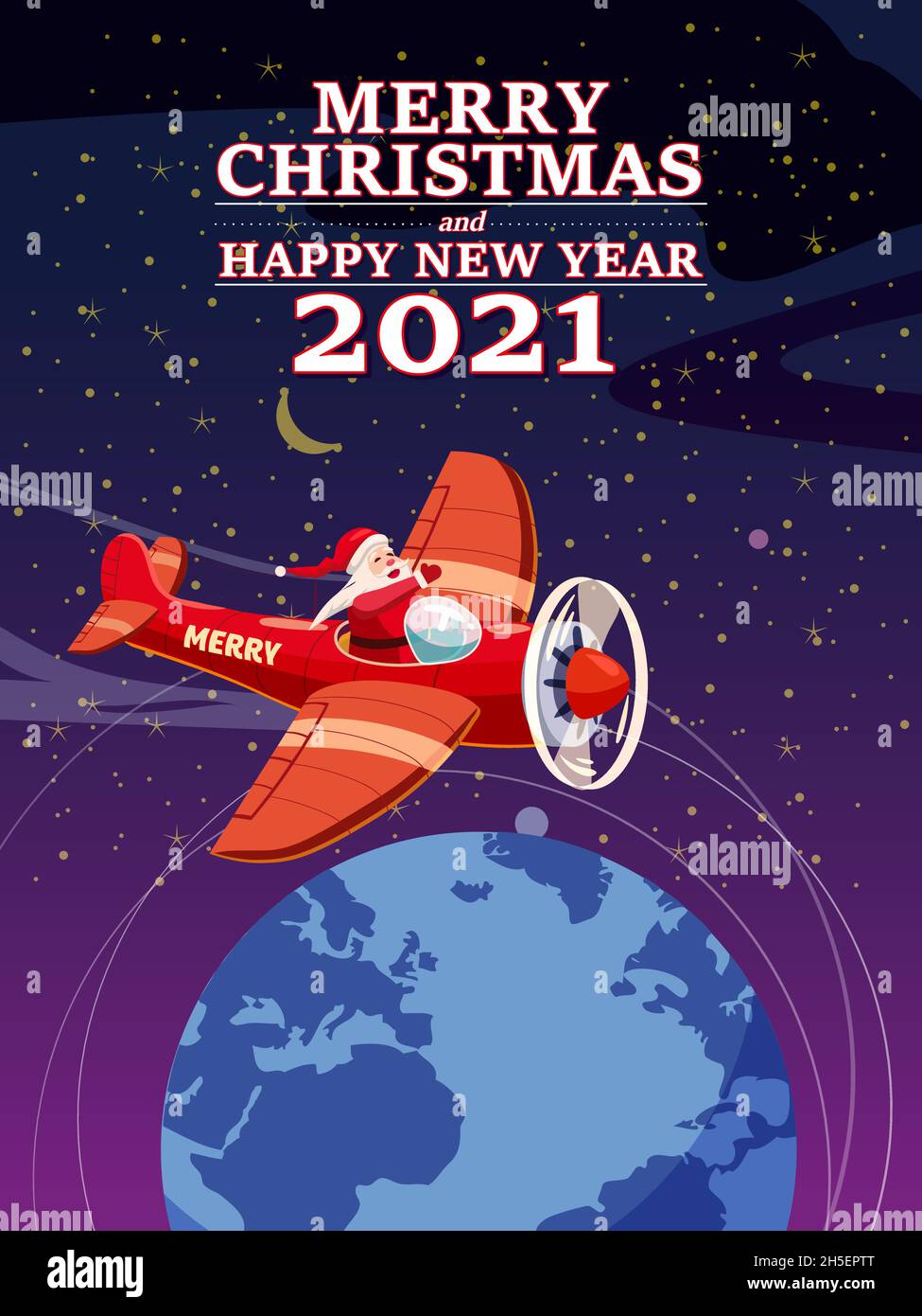 Santa Claus flying on vintage plane. Christmas poster, banner retro ...