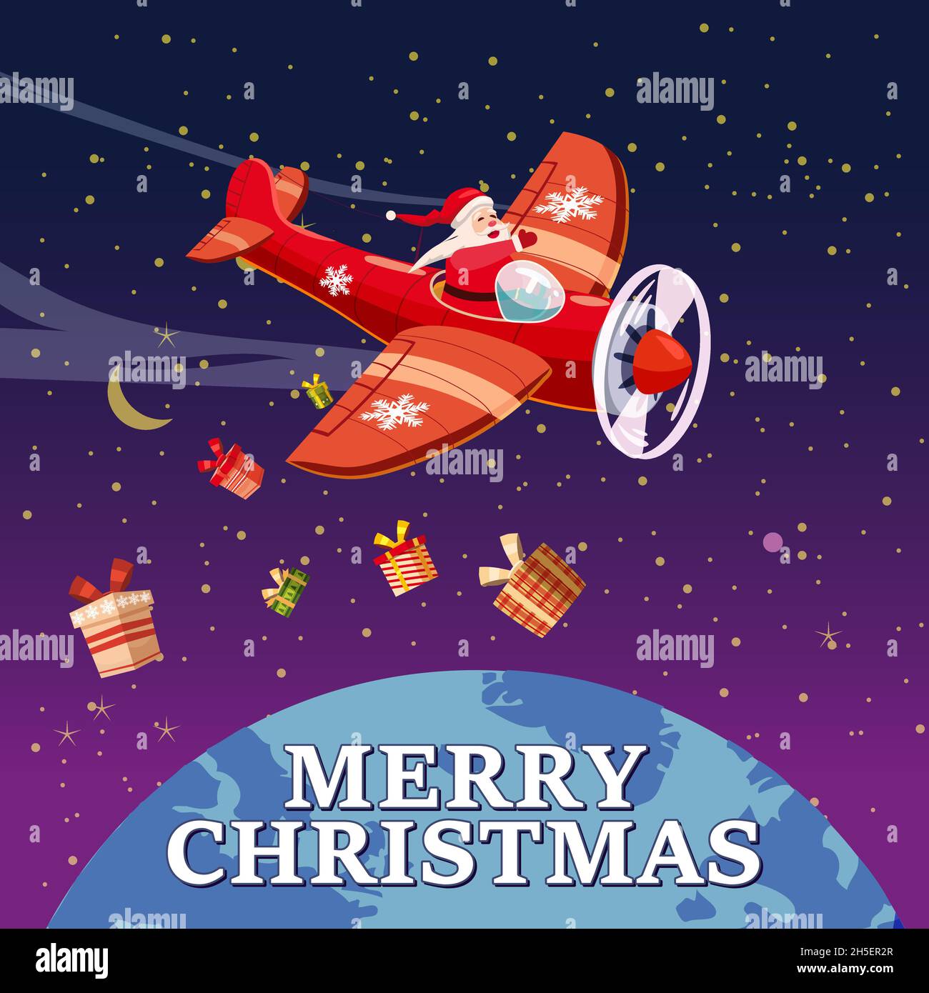Santa Claus flying on vintage plane, delivering gift boxes in space ...