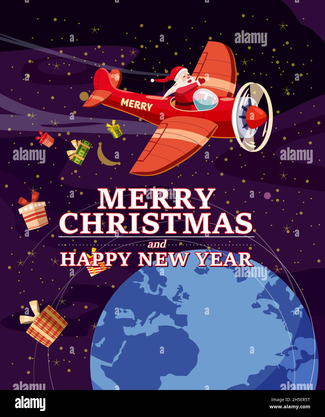 Santa Claus flying on vintage plane. Christmas poster, banner retro ...