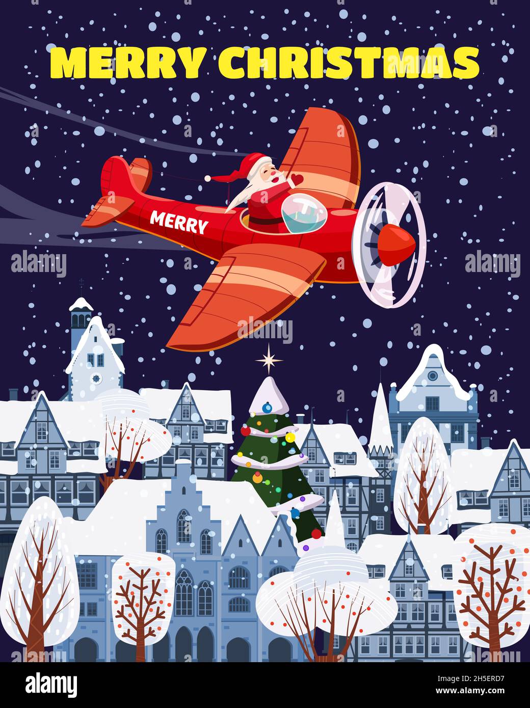 Santa Claus flying on vintage plane, delivering gift boxes, night city ...