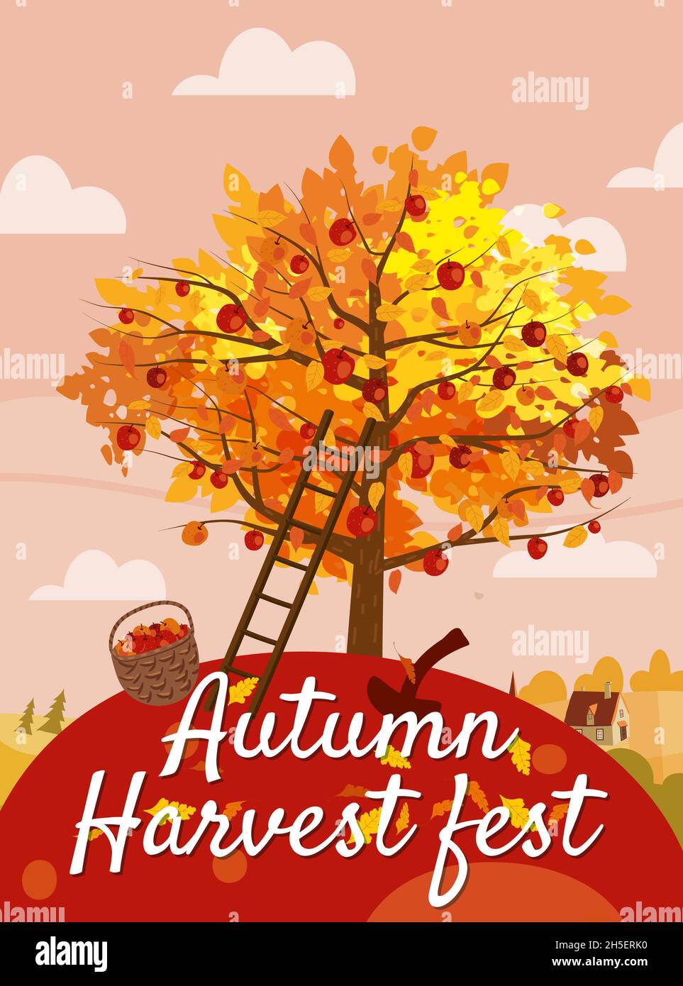 Autumn Harvest Fest. Apple tree with basket of apples, ladder, rural ...